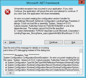 MS SQL Server unhandled exception installation